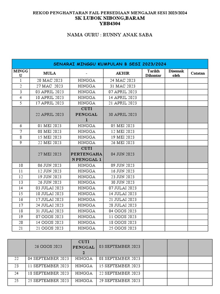 Rekod Penghantaran RPM Kump B 2023-2024 | PDF