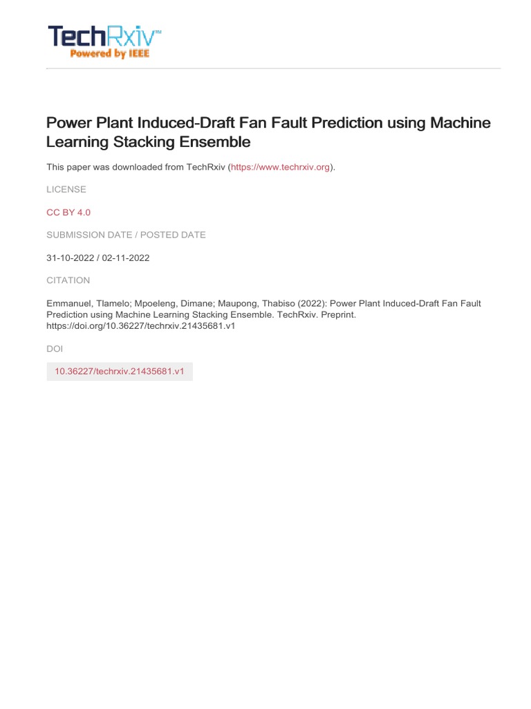 Power Plant Induced Draft Fan Fault Prediction Using Machine Learning Stacking Ensemble | PDF ...