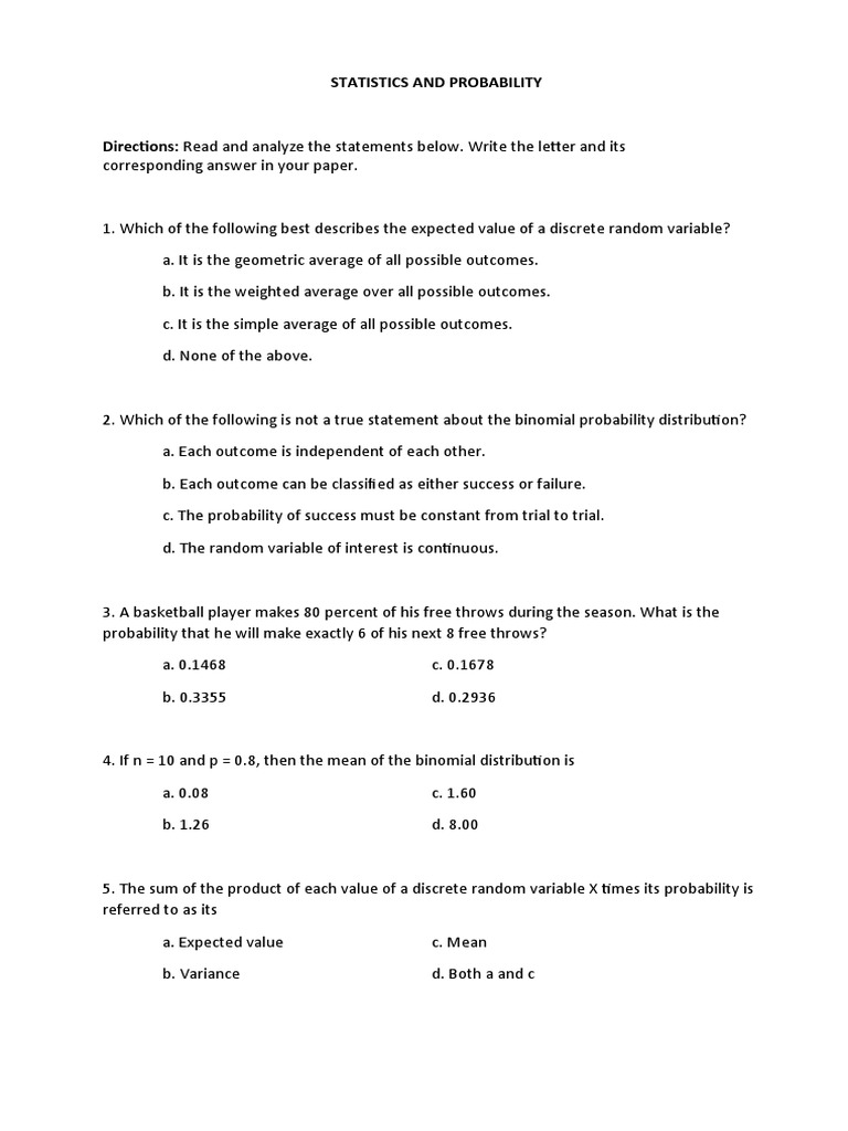Statistics and Probability Quiz Questions | PDF | Probability ...