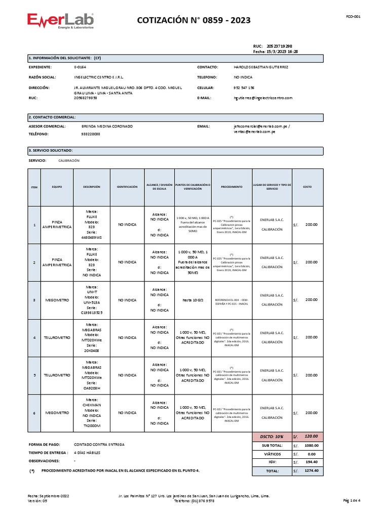 Cotización #0859 - 2023 | PDF | Calibración | Bancario