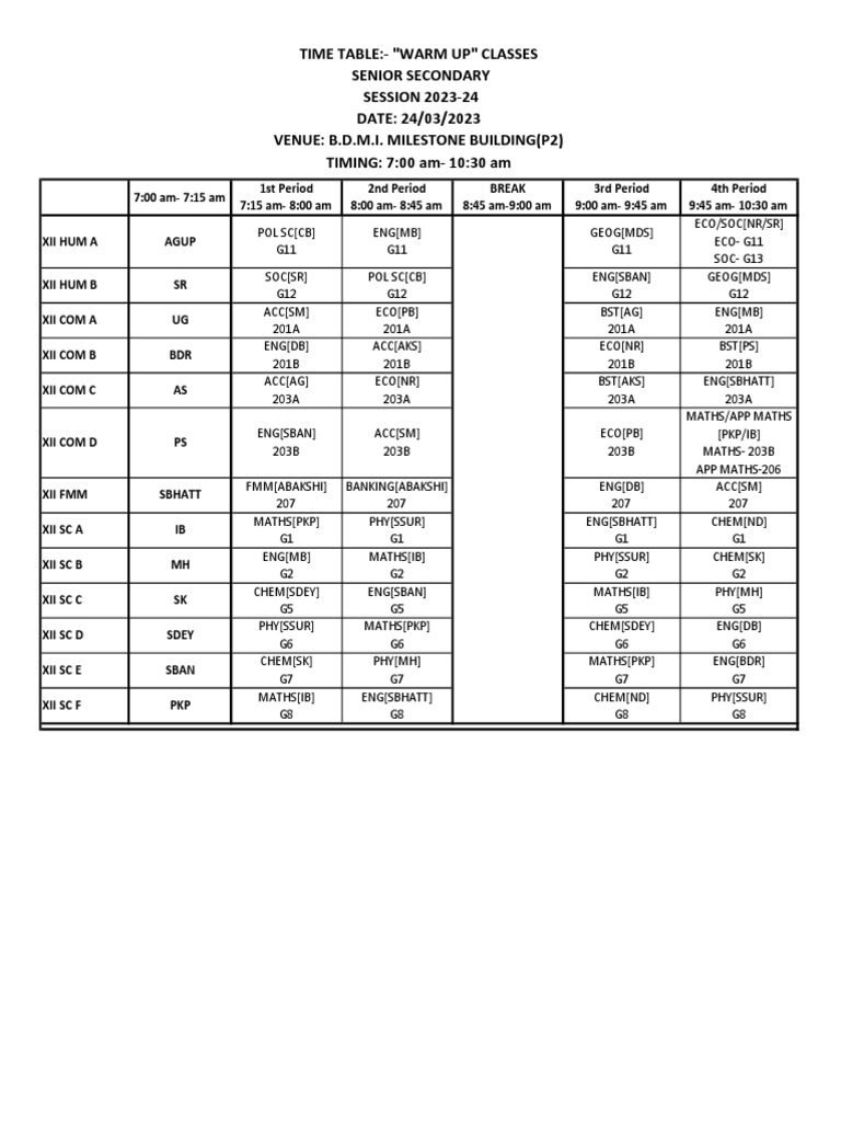 Time Table:-"Warm Up" Classes Senior Secondary SESSION 2023-24 DATE: 24 ...
