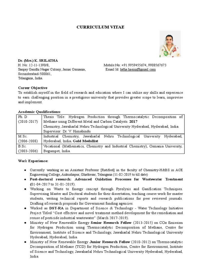 1 DR K Srilatha CV - K SRILATHA | PDF | Nanotechnology | Chemical Vapor Deposition