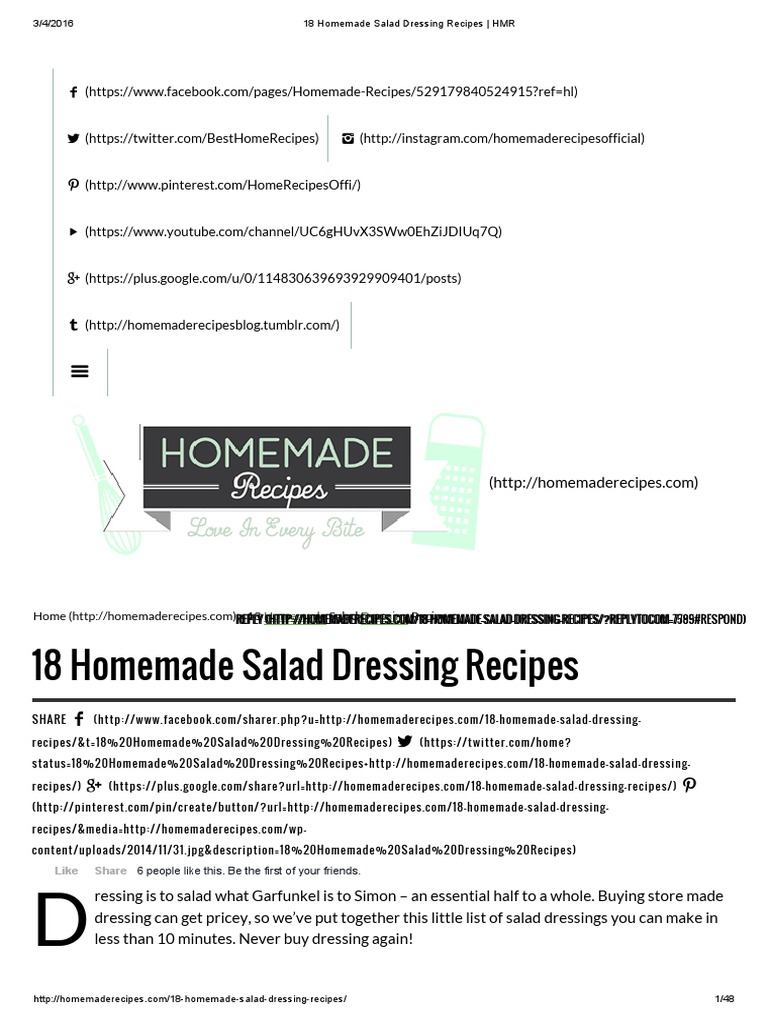 18 Homemade Salad Dressing Recipes - HMR | PDF | Vinaigrette | Mustard ...