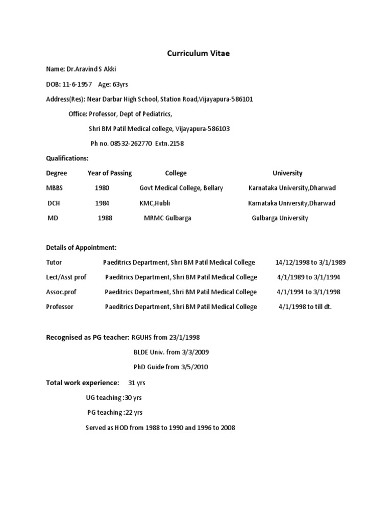 Dr. A.S.Akki Curriculum Vitae CV | PDF | Doctor Of Medicine | Medicine