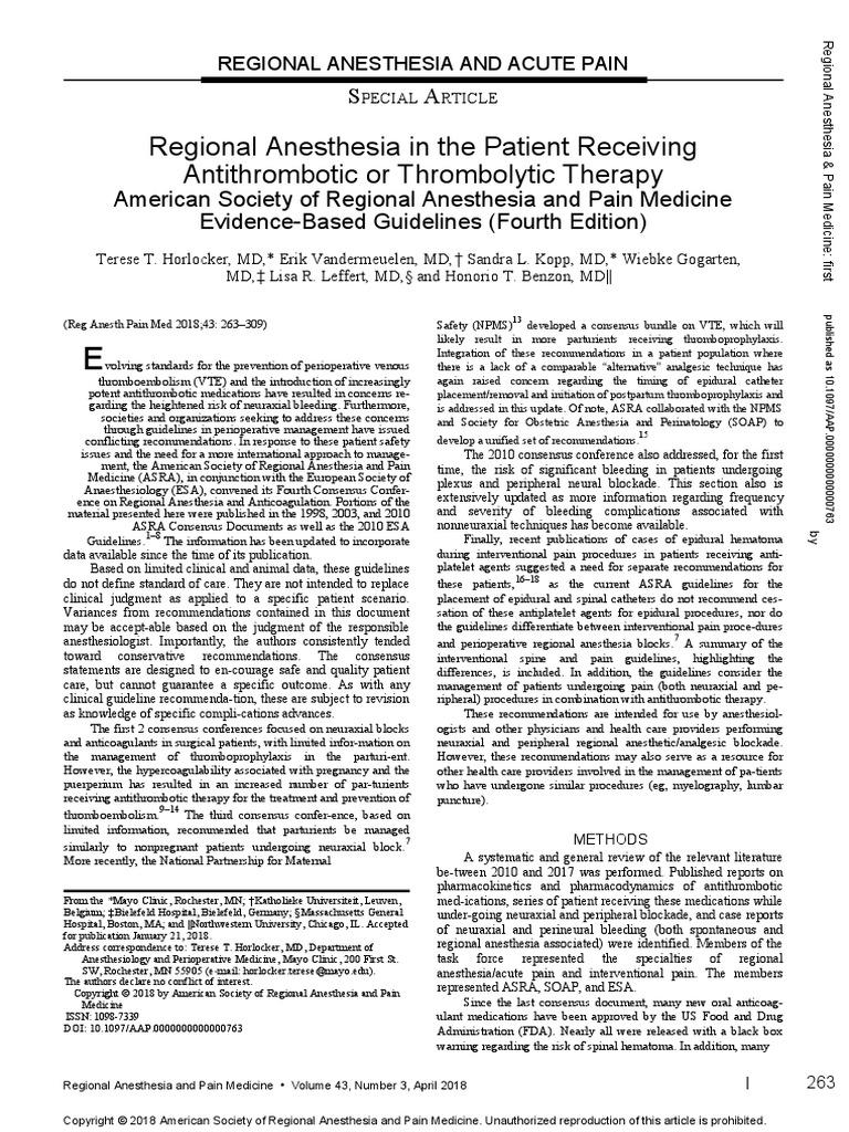 Regional Anesthesia in The Patient Receiving Antithrombotic or Thrombolytic Therapy | PDF ...