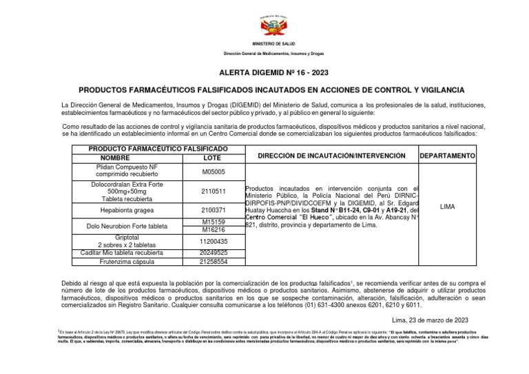 Alerta Digemid #16 - 2023 Productos Farmacéuticos Falsificados Incautados en Acciones de Control ...