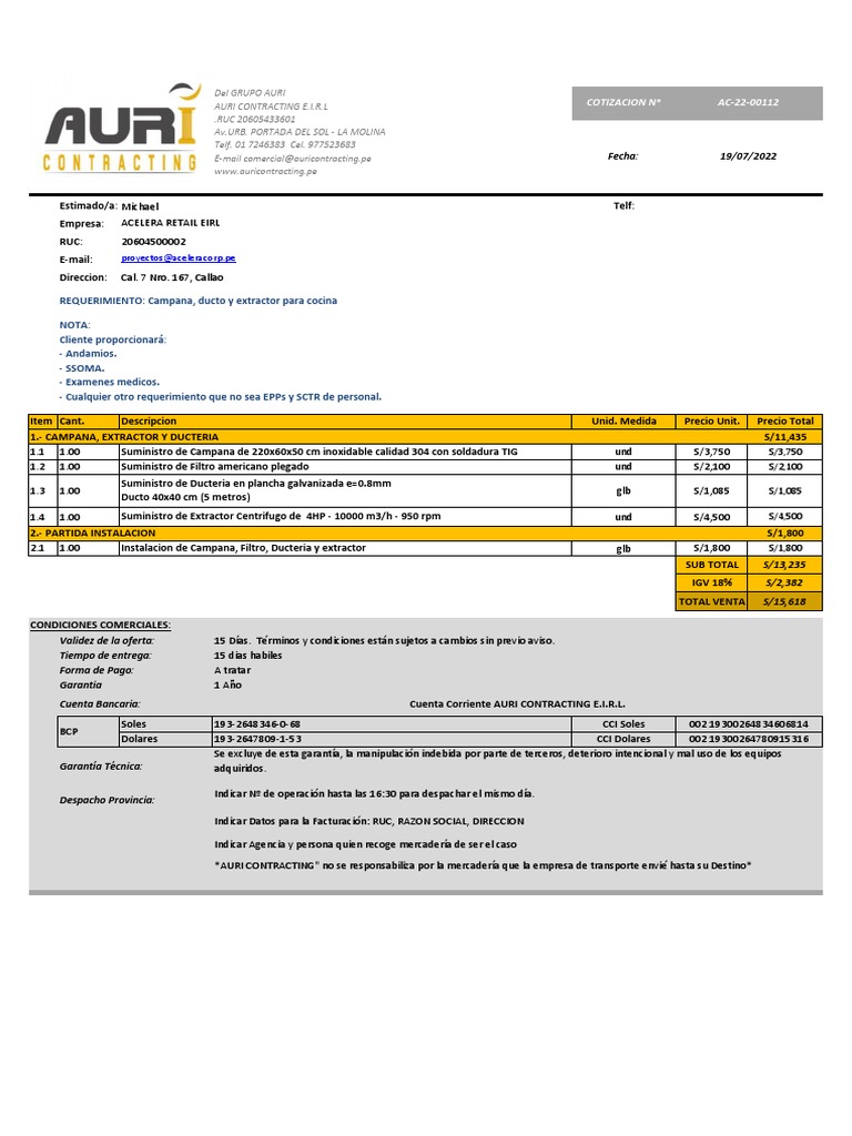 Cot - Ac-22-00112 - Auri Contracting | PDF | Ingeniería mecánica