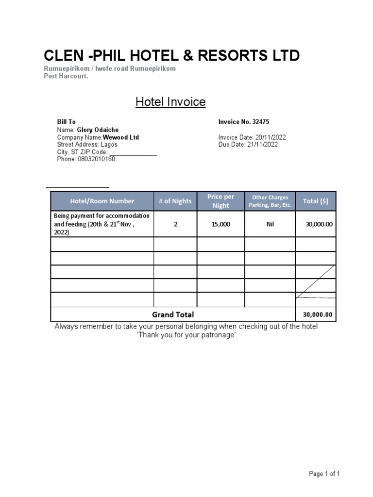 Hotel Invoice Port Harcourt Trip 1 | PDF