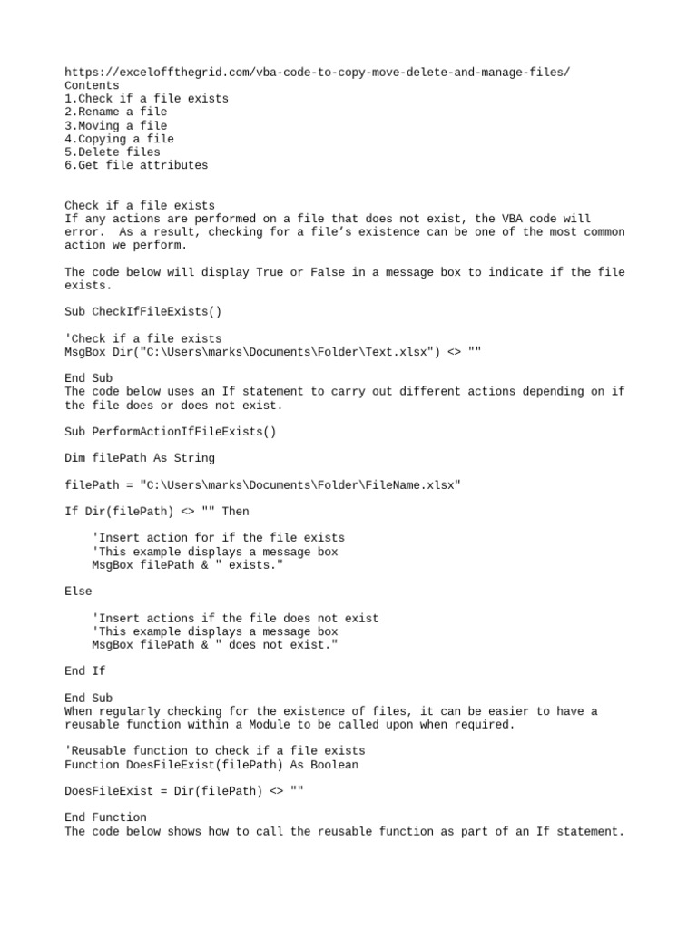 VBA Code To Copy, Move, Delete and Manage Files | Download Free PDF ...