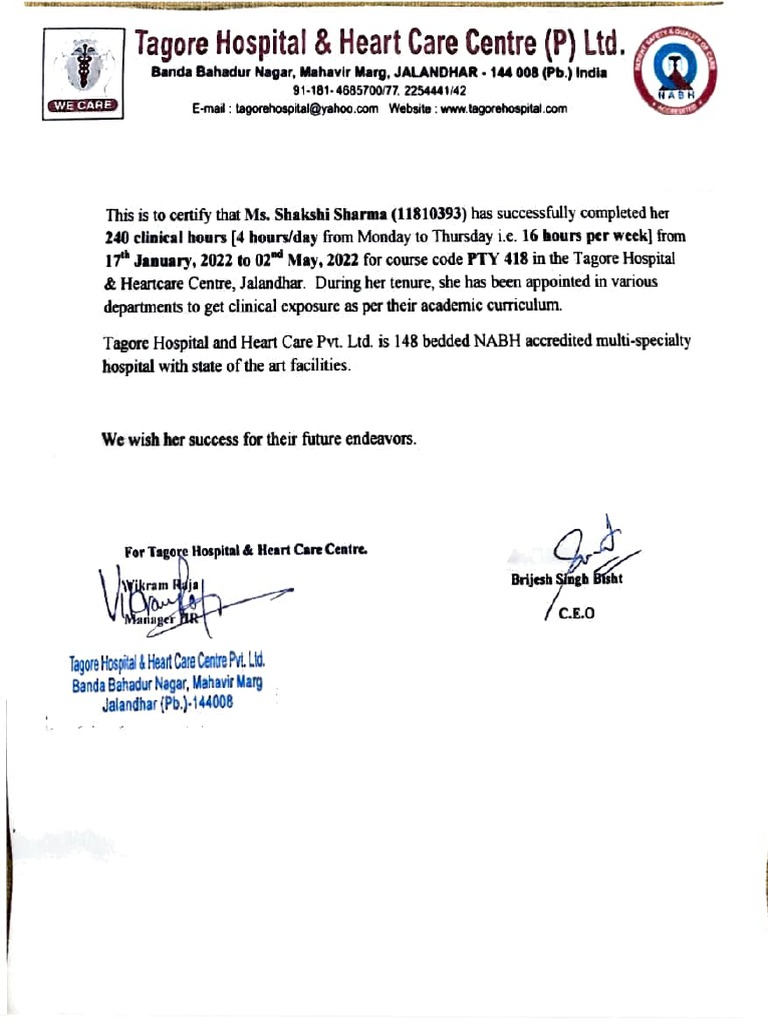 Pty 418 Clinical Training Certificate 11810393 | PDF