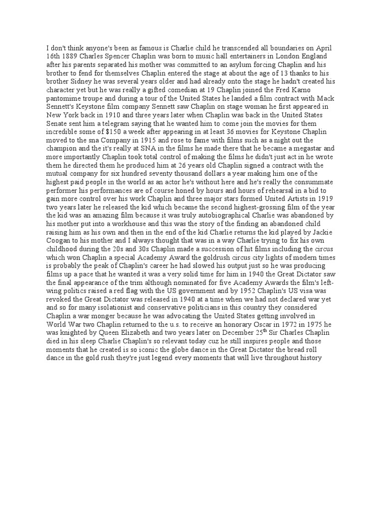 Historical Recount Text About Charlie Chaplin | PDF | Charlie Chaplin