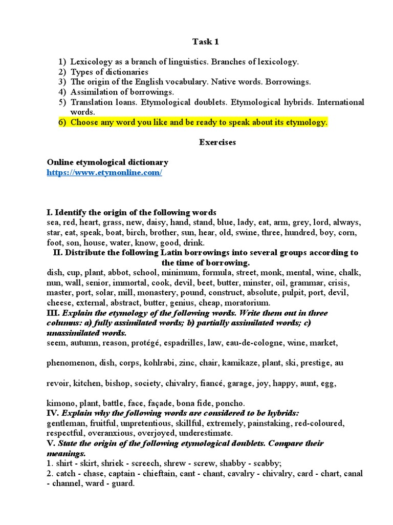 Task 1. Etymology | PDF | Linguistics