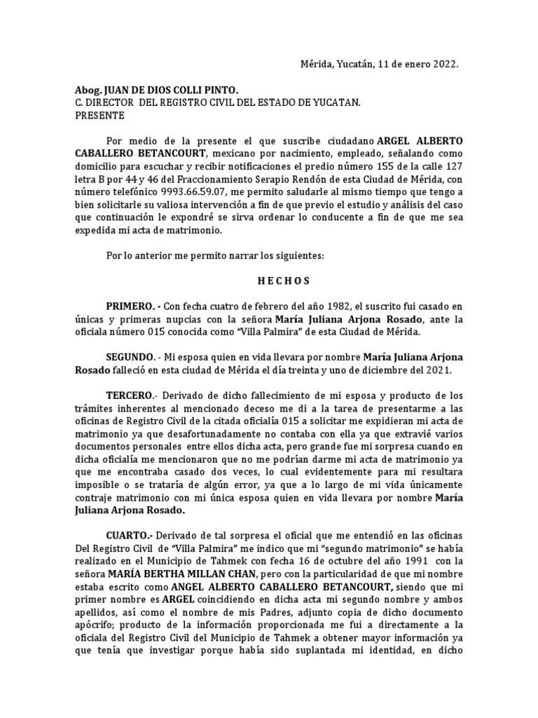 ESCRITO AL REGISTRO CIVIL | PDF | Principios éticos | Gobierno y personalidad