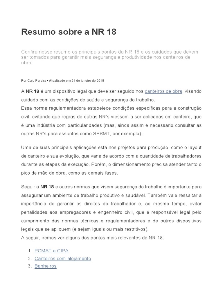 Resumo Sobre A NR 18 | PDF | Banheiro | Transporte
