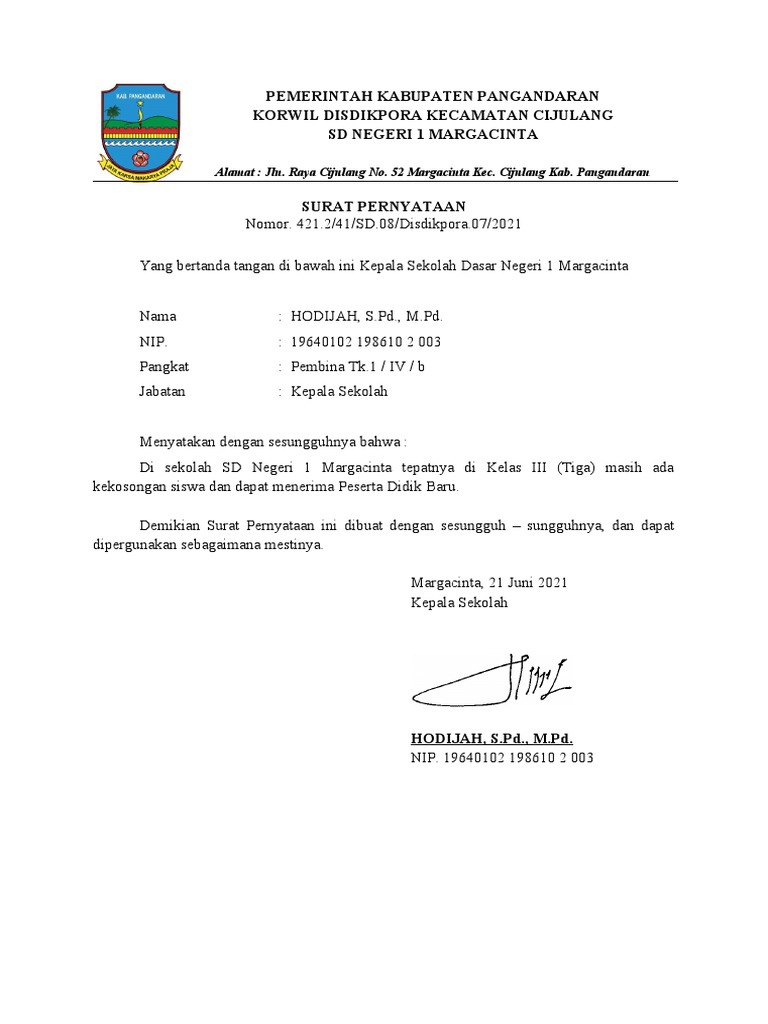 Surat Pernyataan Siswa Kekosongan Pdf