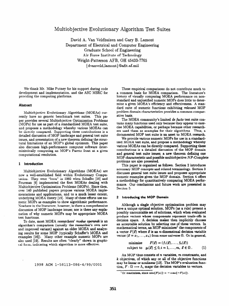 Multiobjective Evolutionary Algorithm Test Suites Pdf Mathematical Optimization Analysis