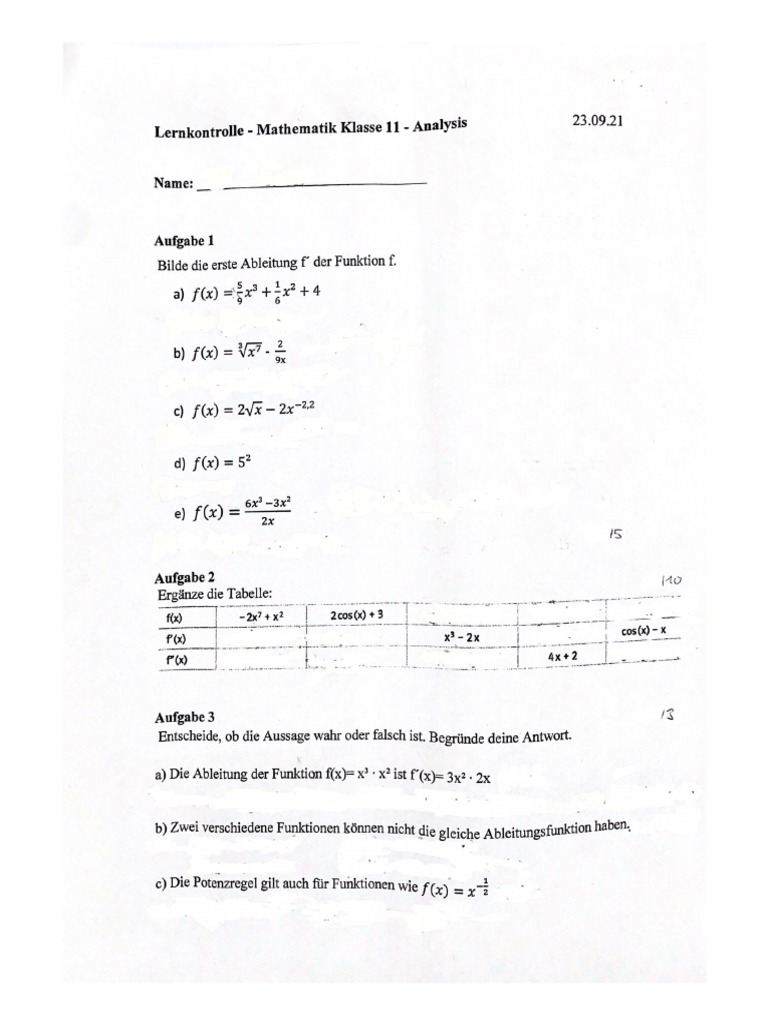 Lernkontrolle - Mathematik Klasse 11 - Analysis | PDF