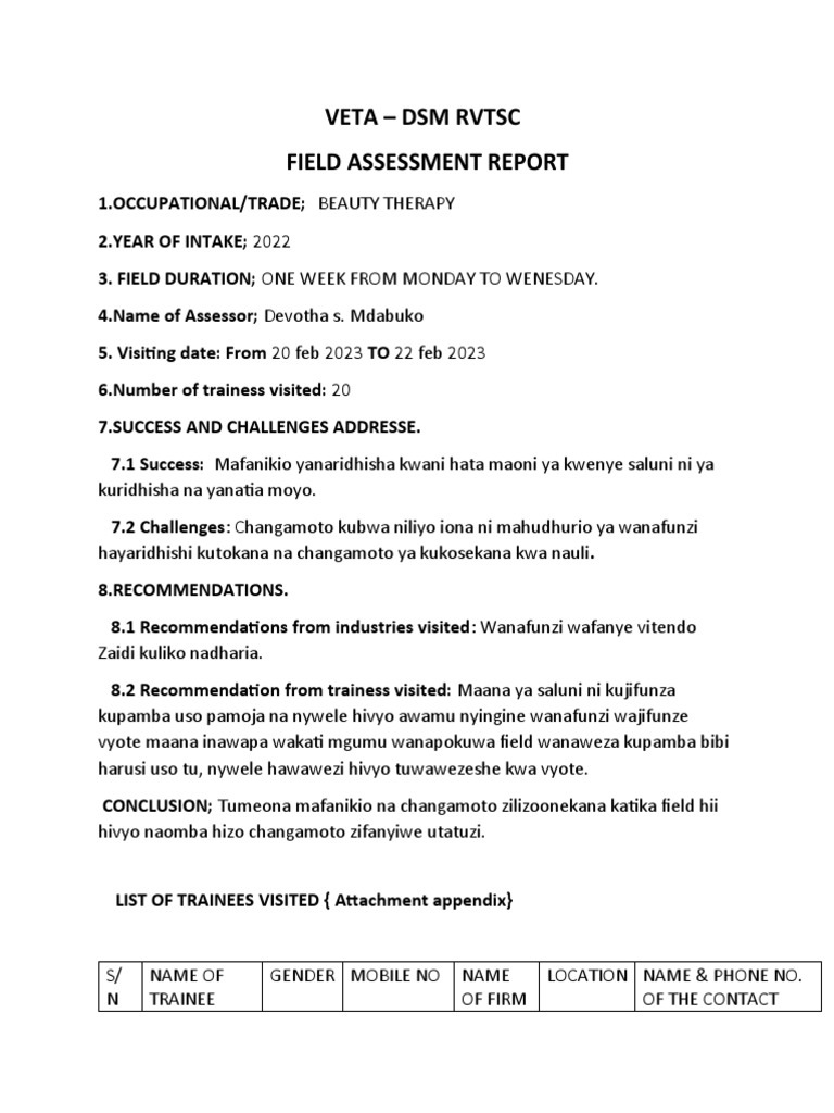 VETA DSM RVTSC Field Assessment Report | PDF