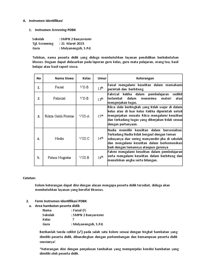 Lembar Kerja 1 Identifikasi PDBK 2023 | PDF