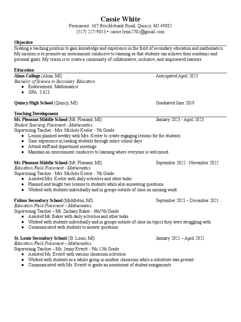 Cassie White Teaching Resume 1 | PDF | Teachers | Learning