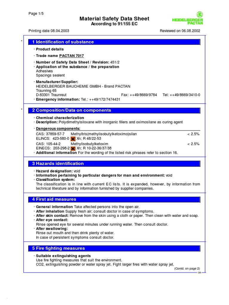 MSDS Pactan 7017 | PDF | Dangerous Goods | Water