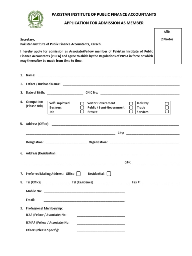 Membership Form - PIPFA | PDF