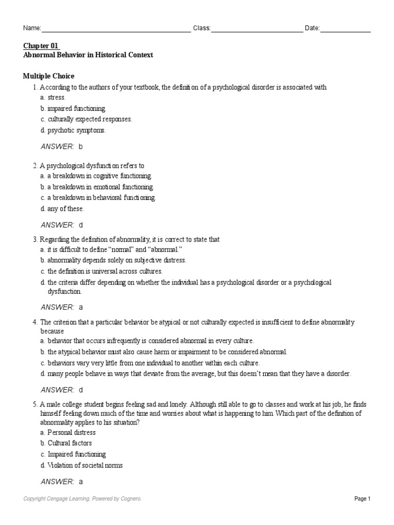Chapter 01 Abnormal Behavior in Historical Context: Answer: B | PDF ...