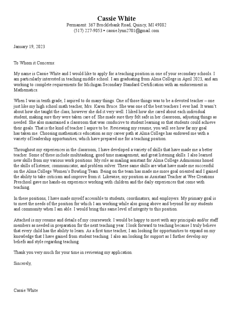 Cassie White Cover Letter 1 | PDF | Teachers | Schools