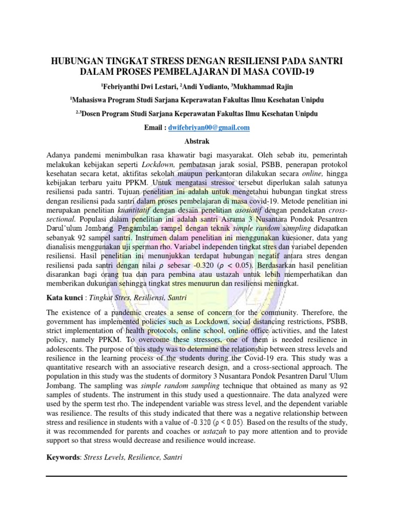 Jurnal Hubungan Tingkat Stress Dengan Resiliensi Pada Santri Dalam Proses Pembelajaran Di Masa ...