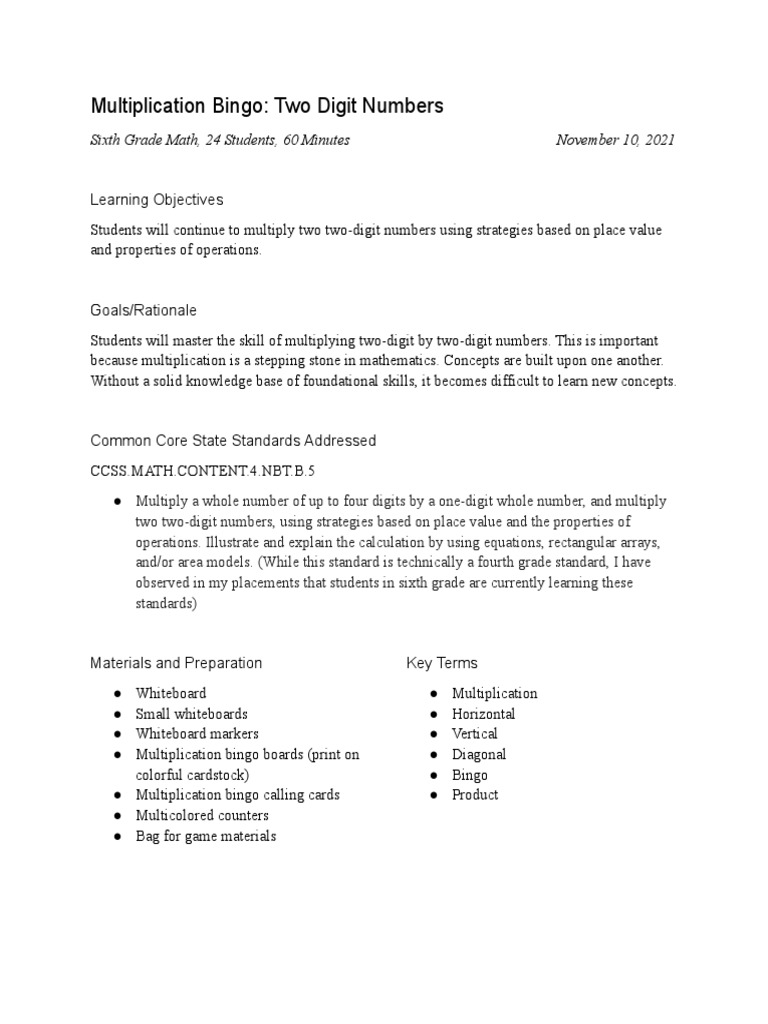 Multiplication Bingo Lesson Plan | PDF | Multiplication | Mathematics
