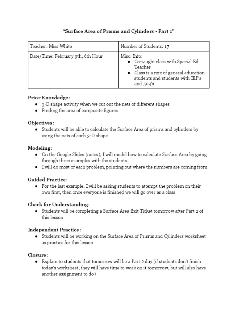 Surface Area of Prisms and Cylinders Lesson Plan | PDF