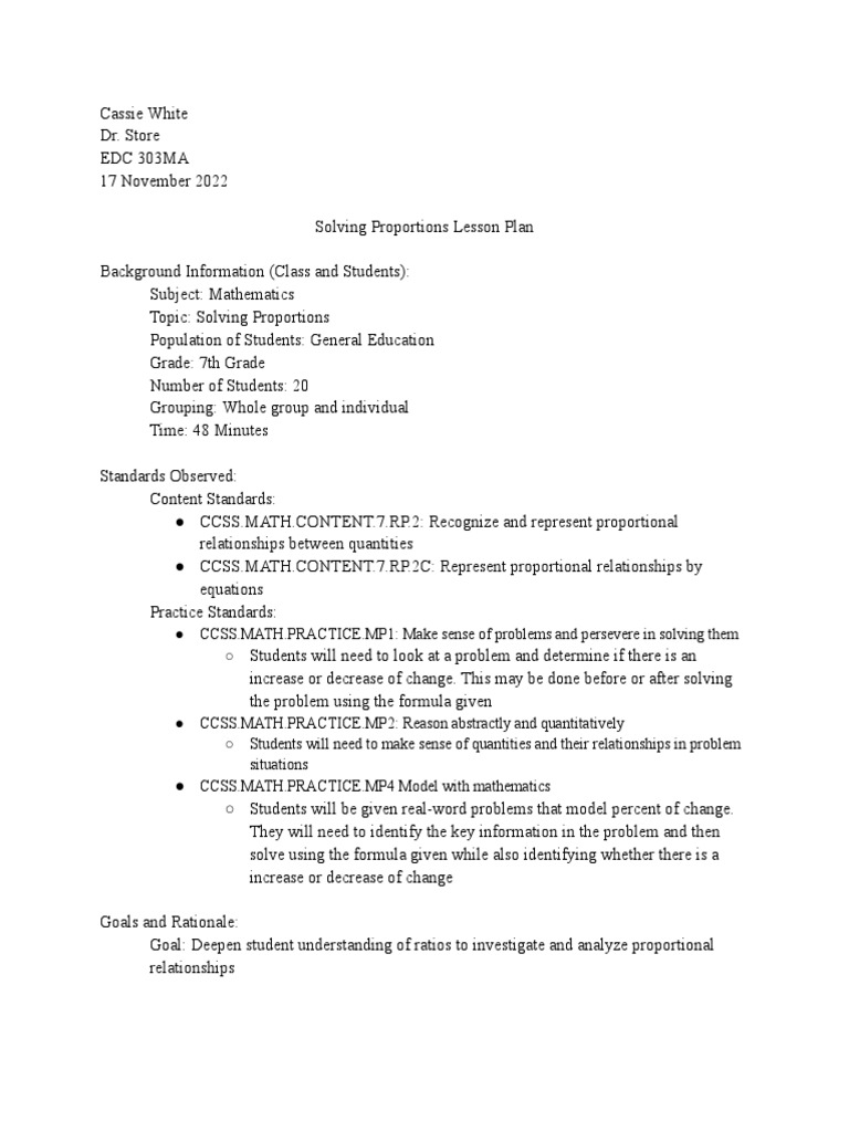 Solving Proportions Lesson Plan | PDF | Mathematics | Quantity