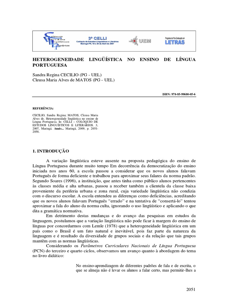 Heterogeneidade Linguística no Ensino de Português | PDF | Linguística ...