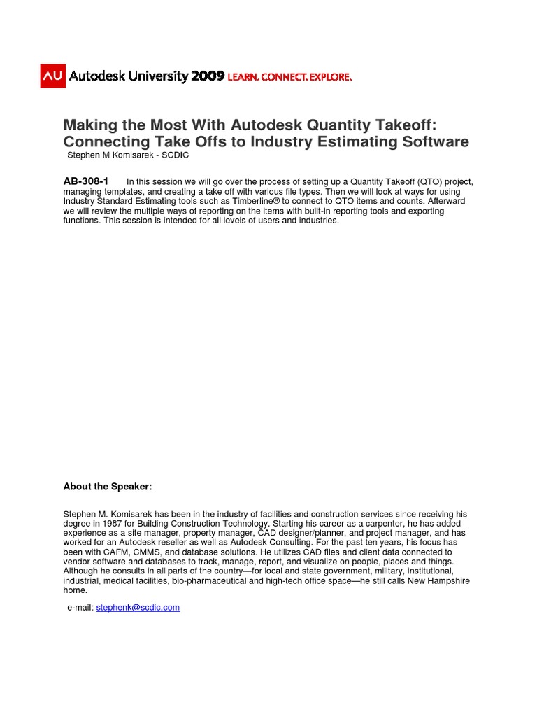 AU2009-AB308-1 - Making The Most With Autodesk Quantity Takeoff | PDF | Computing | Software