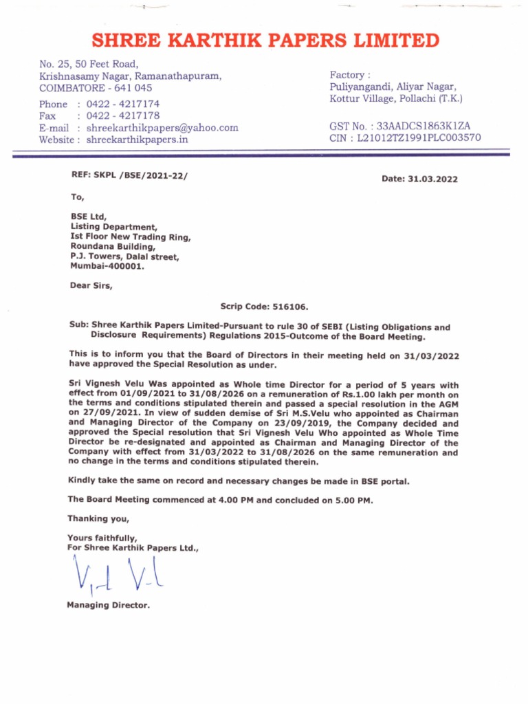 Shree Karthik Papers Limited: Phone: 0422 - 4217174 Kottur Village ...