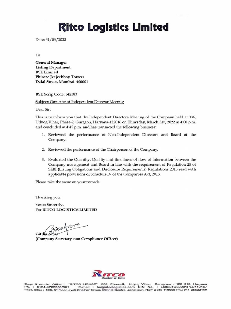 Ritco Logistics Limited: Date: 31/03/2022 | PDF | Corporations | Companies