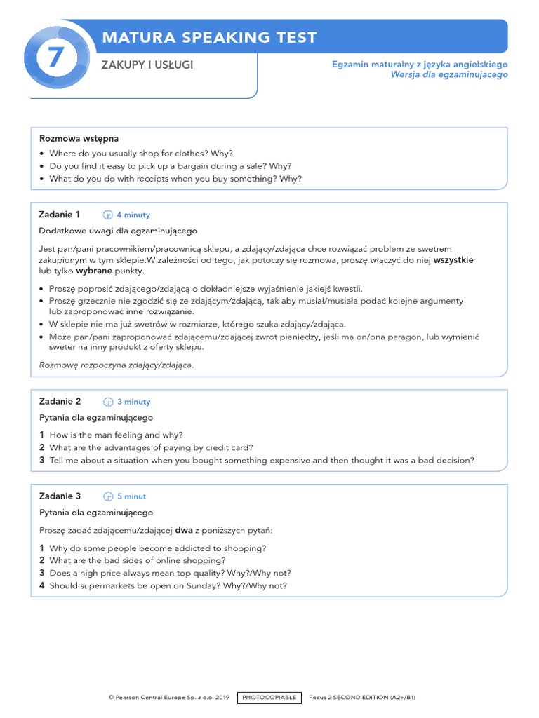 Focus 2 2ed Matura Speaking Unit 7 For Teacher | PDF
