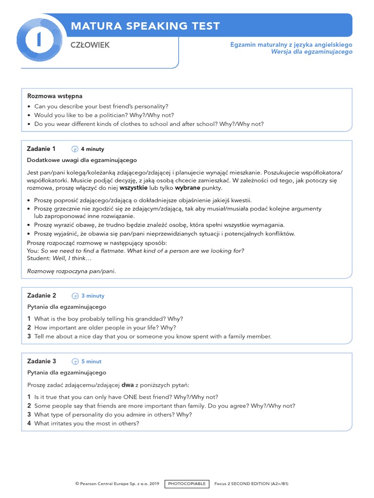 Focus 2 2ed Matura Speaking Unit 1 For Teacher | PDF