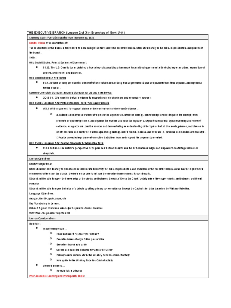 Executive Branch Lesson Plan | PDF | Reason | Teachers