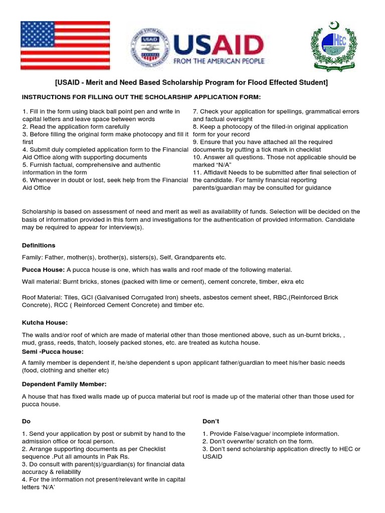 USAID - Merit and Need Based Scholarship Program For Flood Effected ...