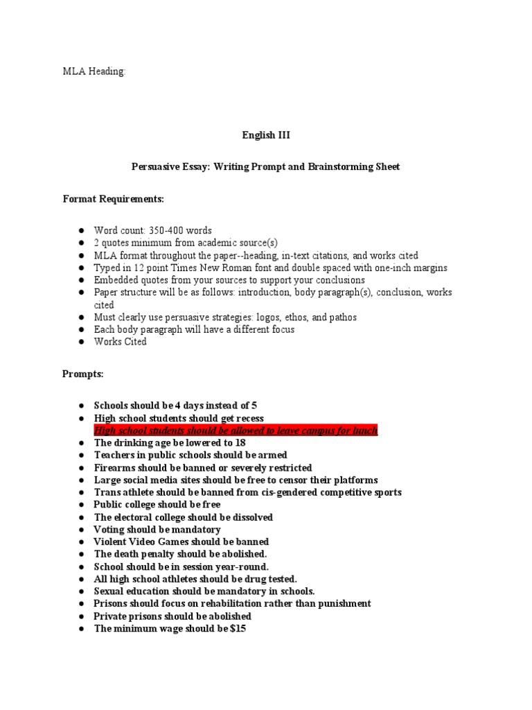Rhetorical Essay Prompt and Brainstorming Sheet | PDF
