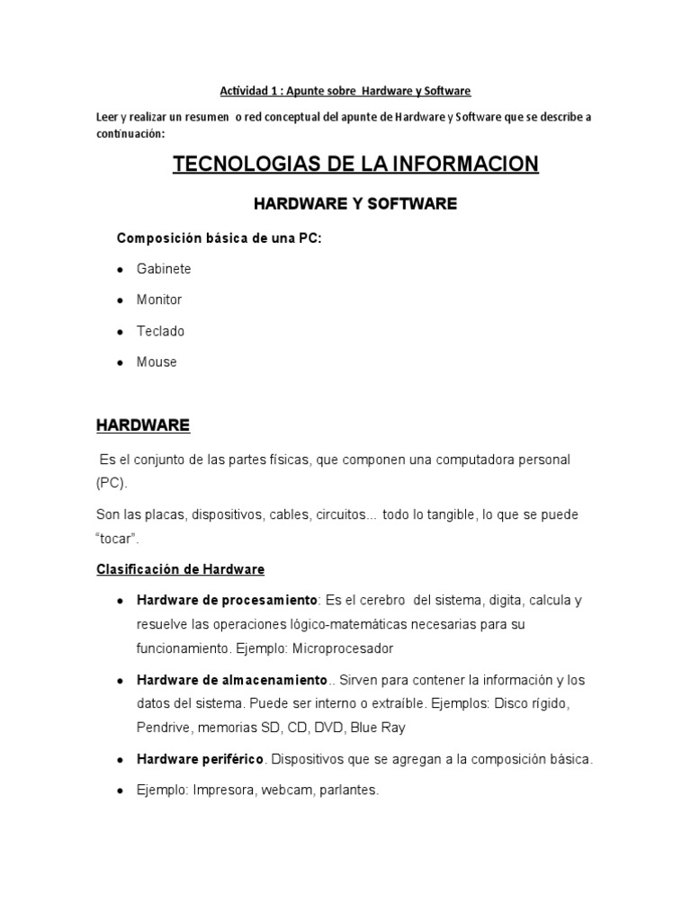 Actividad 1 - Hardware y Software | PDF | Hardware de la computadora | Periférico