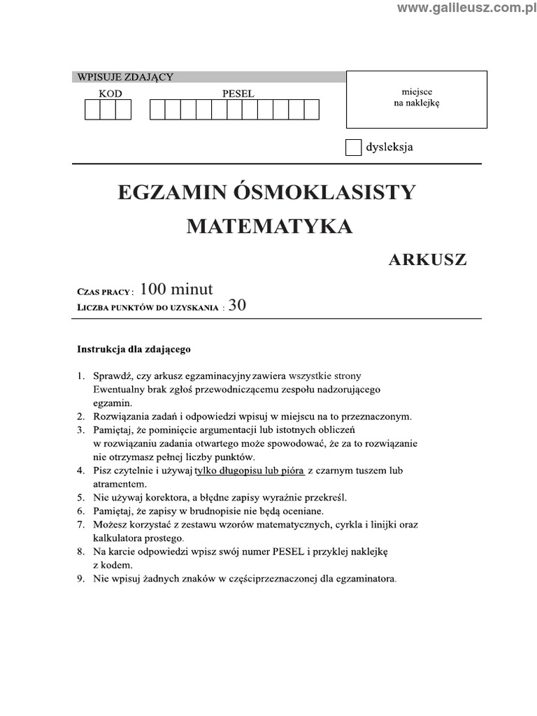 egzamin osmoklasisty matematyka arkusz 7 | PDF