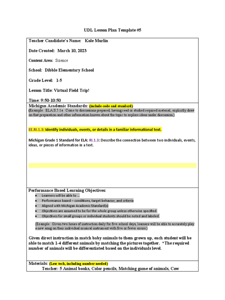 UDL Science Lesson Plan: Virtual Field Trip | PDF | Learning | Teachers