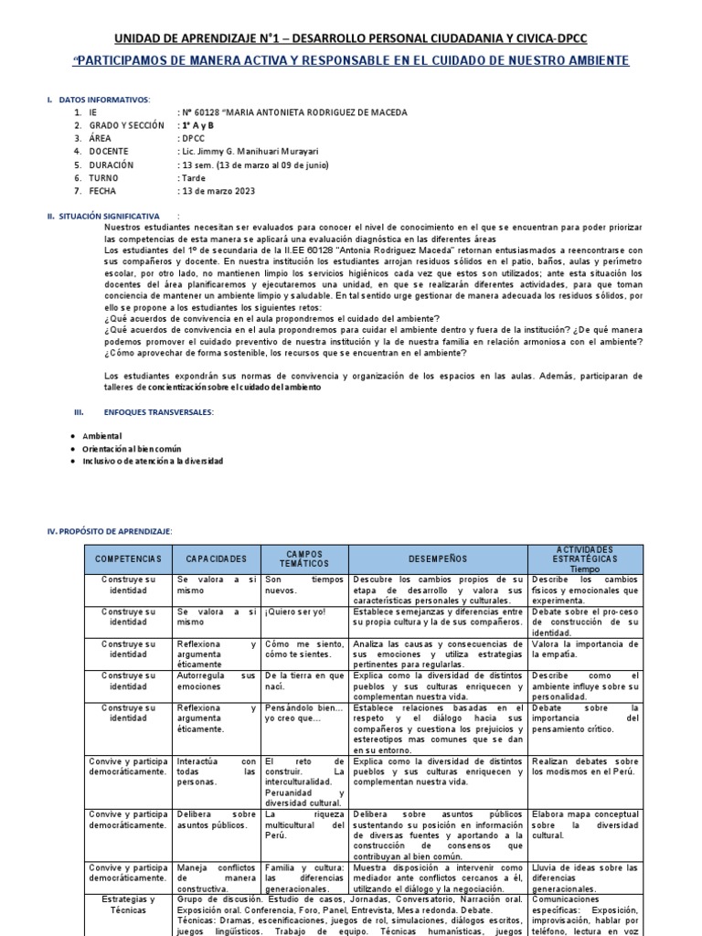 01 - UNIDAD DE APRENDIZAJE - DPCC - 1ero | PDF | Las emociones