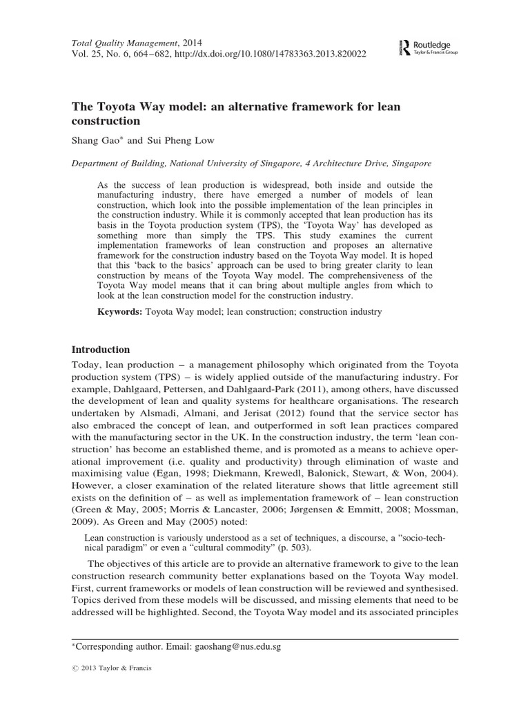 The Toyota Way Model: An Alternative Framework For Lean Construction ...
