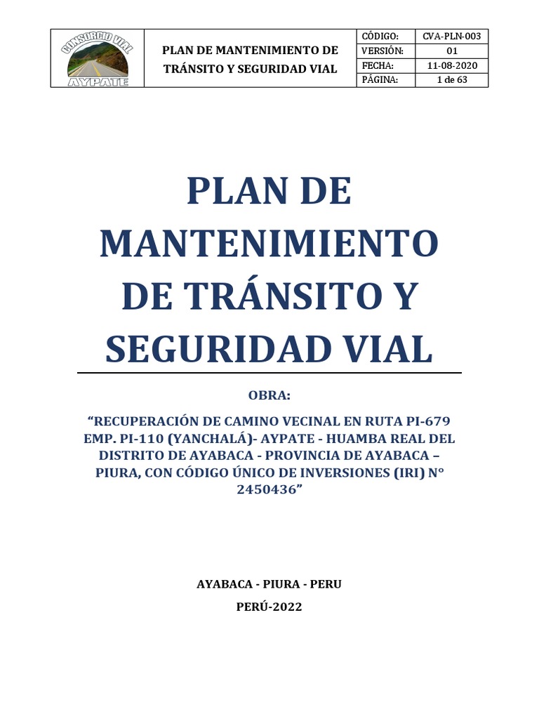 Plan de Mantenimiento de Tránsito Y Seguridad Vial | PDF | Licencia de conducir | Gobierno local