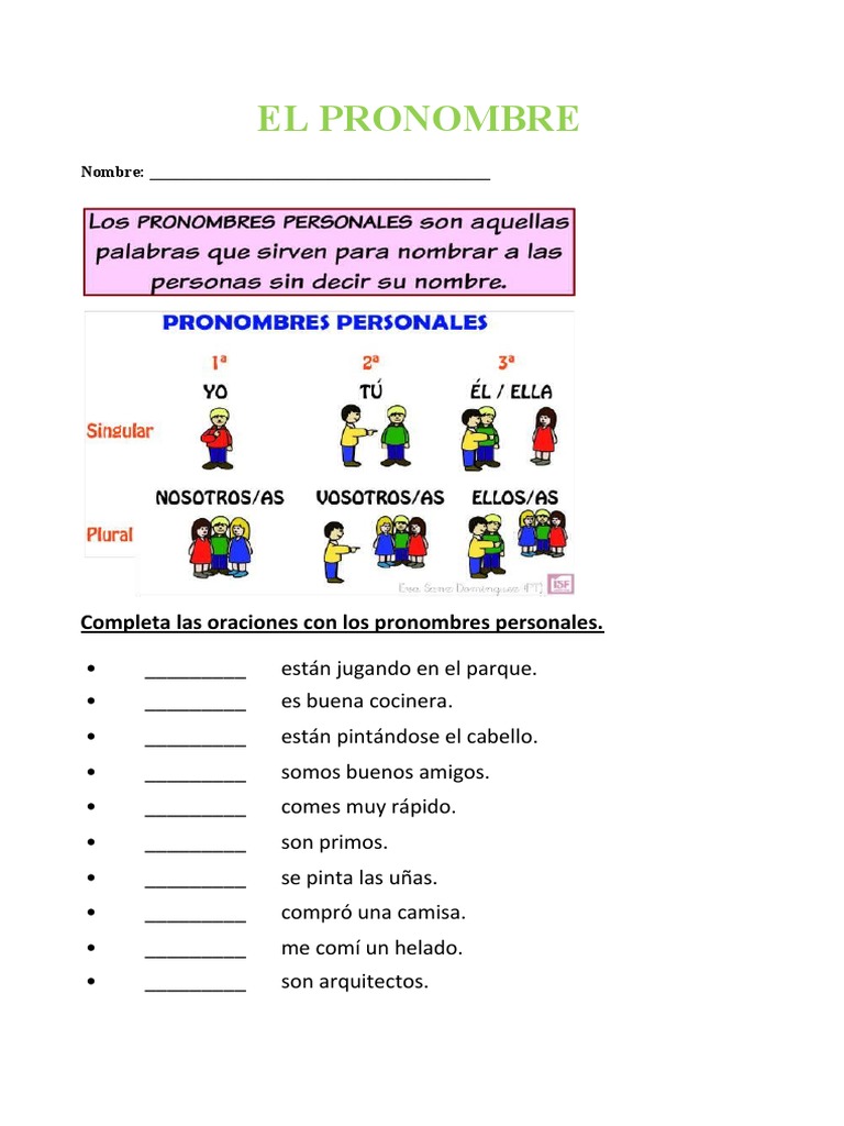 El Pronombre: Completa Las Oraciones Con Los Pronombres Personales | PDF