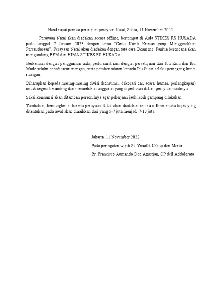 Hasil Rapat Panitia Persiapan Perayaan Natal | PDF
