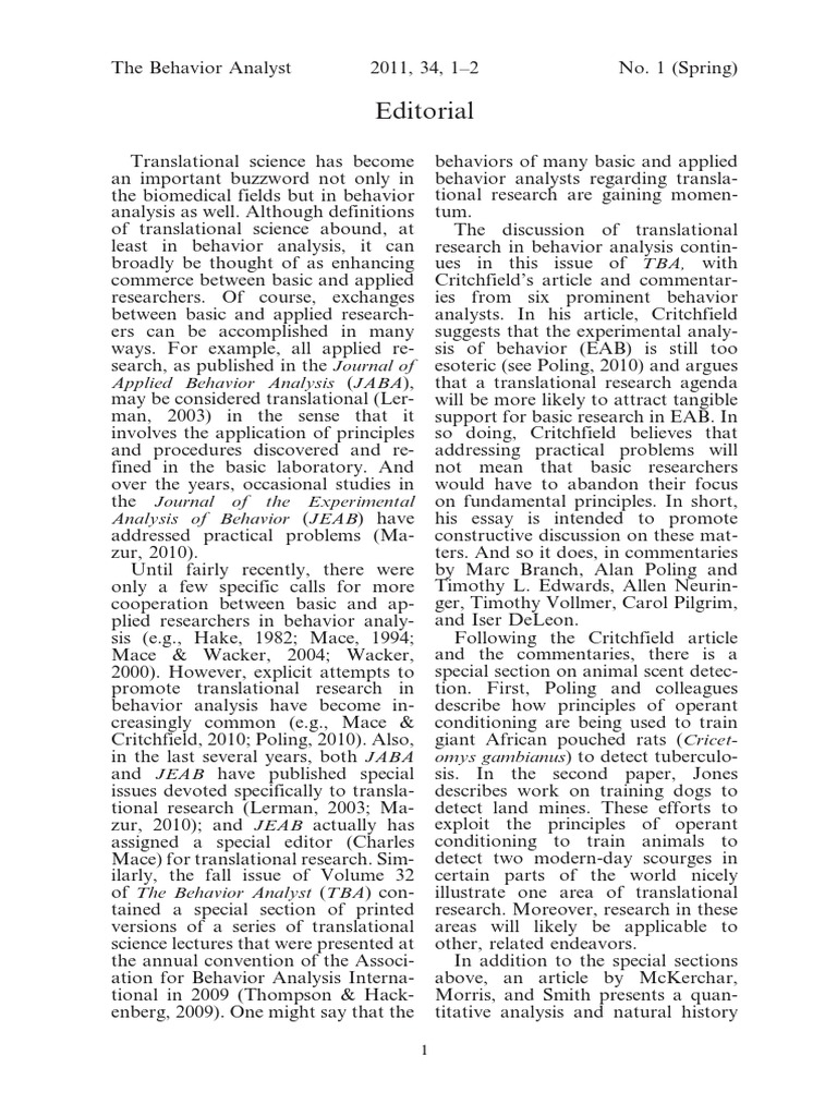 Schlinger (2011) - Editorial (Special Section On Translational Research ...
